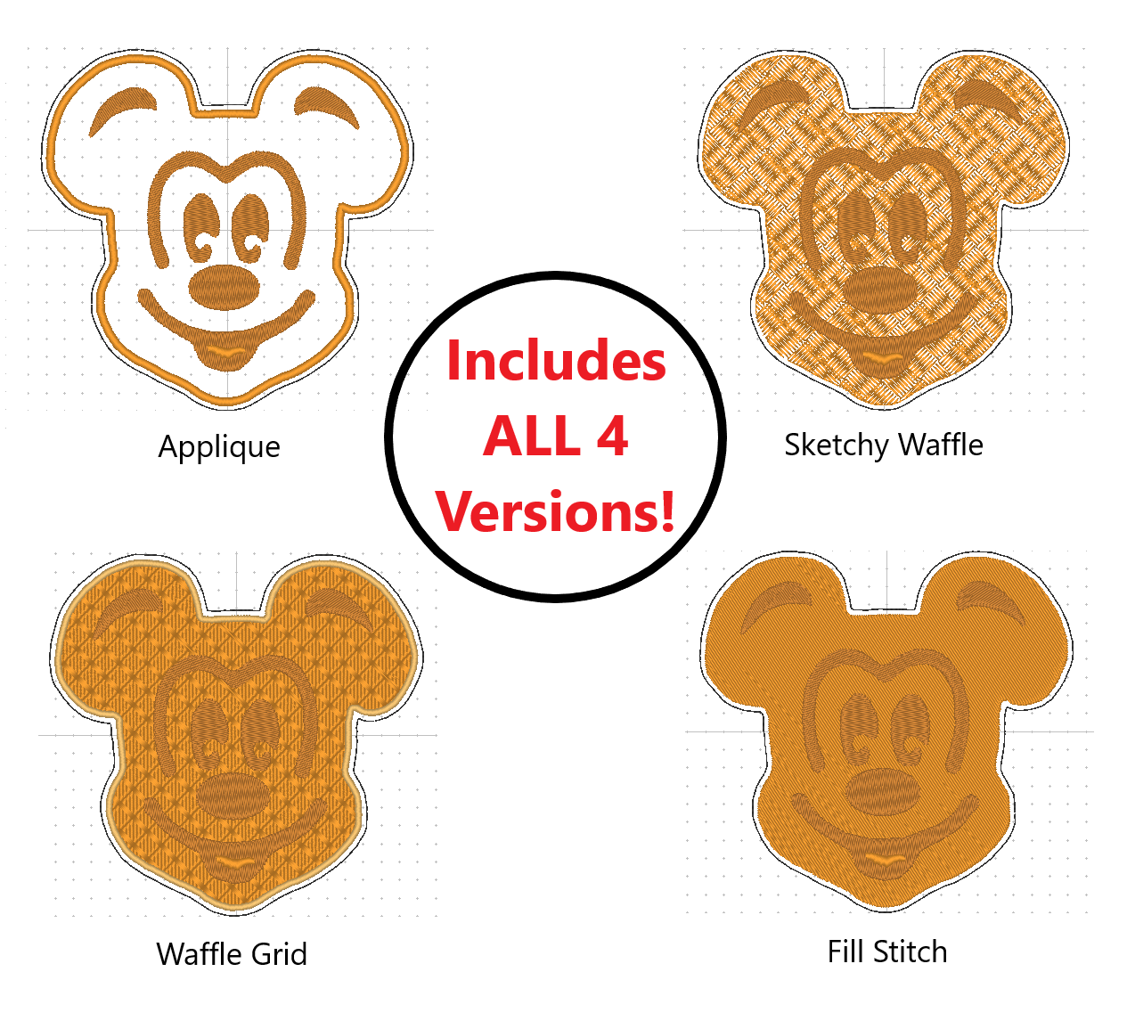 Mouse Waffle Embroidery Design Files- FOUR different versions included ...